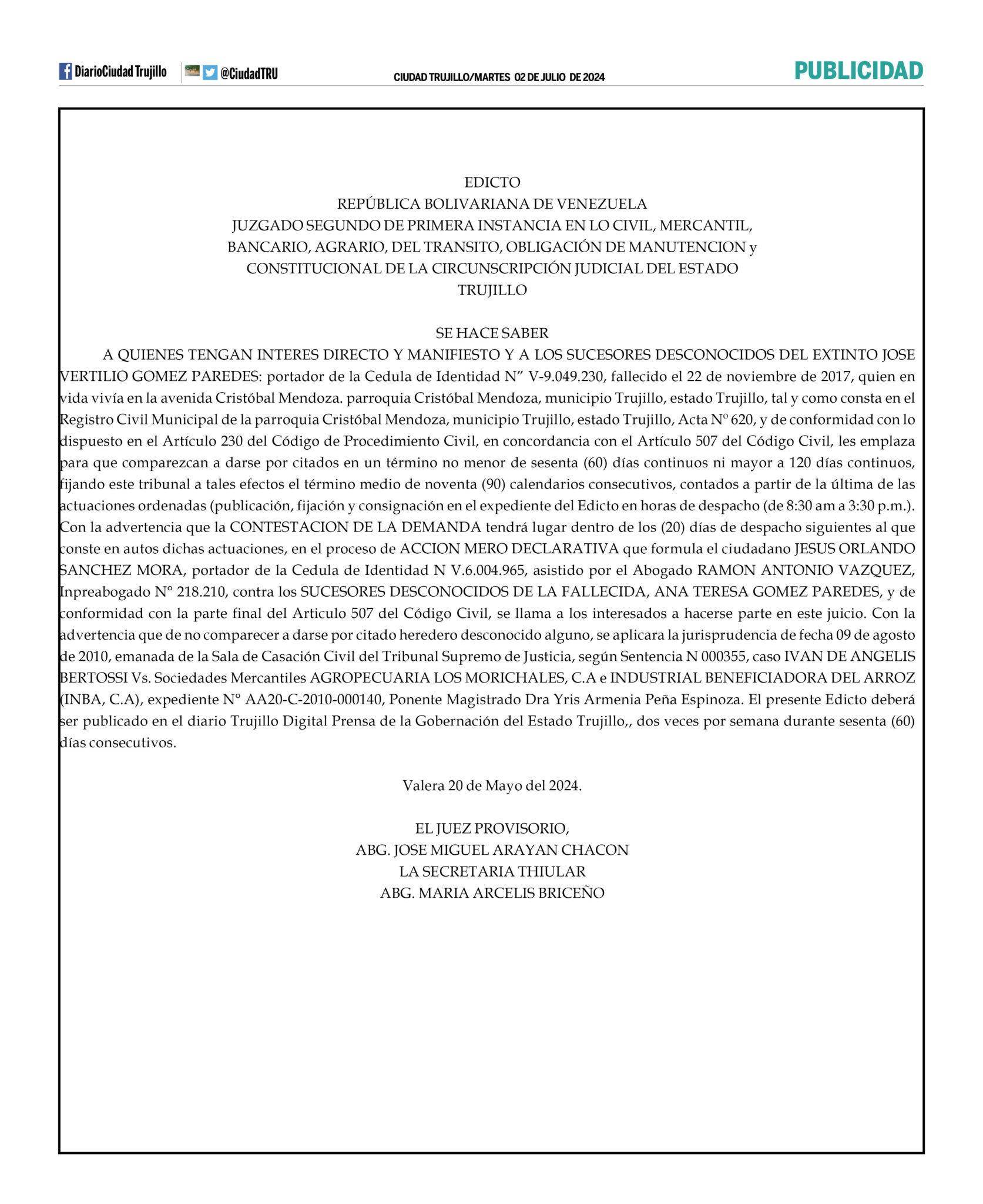 Edicto: JOSE VERTILIO GOMEZ PAREDES – Ciudad Trujillo